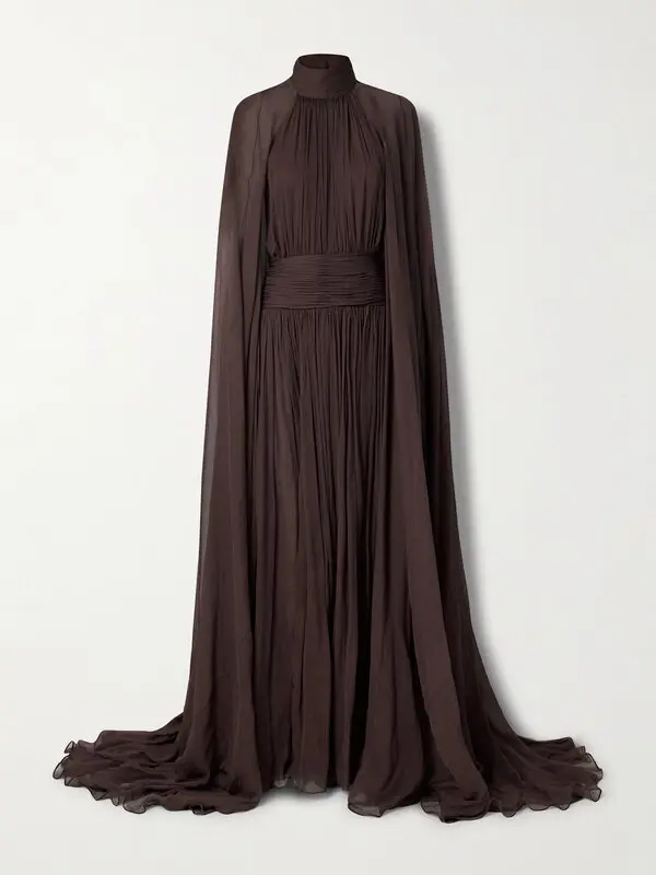 Oscar De La Renta Embellished Cape-effect Gathered Silk-crepon Gown - Brown