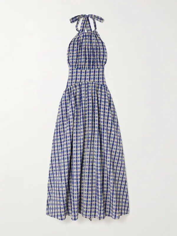 Rosie Assoulin Halter Gathered Checked Seersucker Midi Dress - Blue
