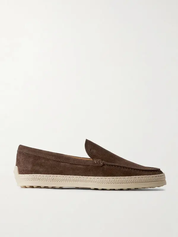 TOD'S Raffia-trimmed Suede Loafers - Brown