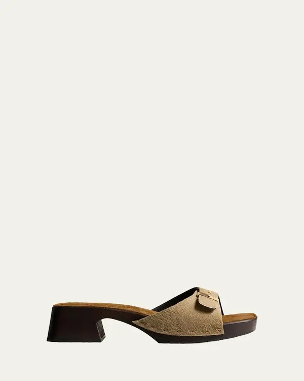 Khaite Britt Pony Hair Buckle Clog Sandals - Barley