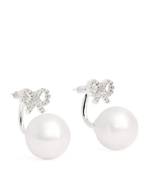 SELF-PORTRAIT Crystal And Faux Pearl Bow Earrings - Silver