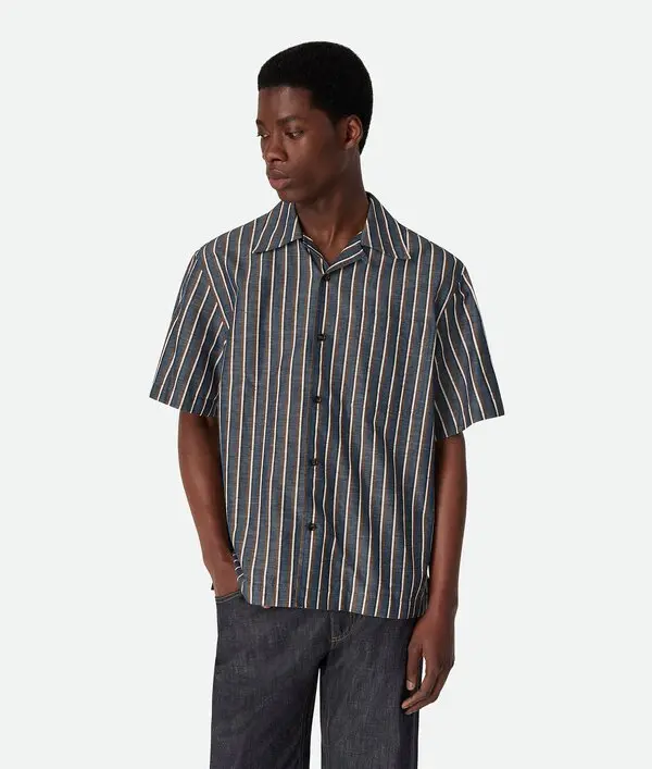 Bottega Veneta Stripe Cotton And Linen Shirt - Blue/khaki/black