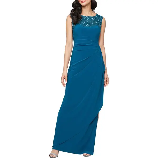 Alex Evenings Embellished Side Ruched Jersey Gown - Mallard