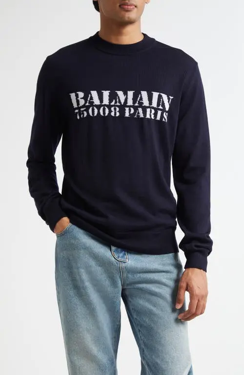 Balmain Stamp Logo Jacquard Merino Wool Sweater - Navy/ White