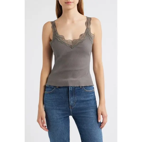 Mango Raven Lace Trim Rib Tank - Medium Heather Grey