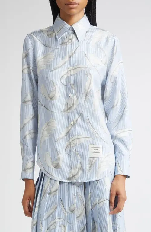 Thom Browne Feather Print Stripe Silk Shirt