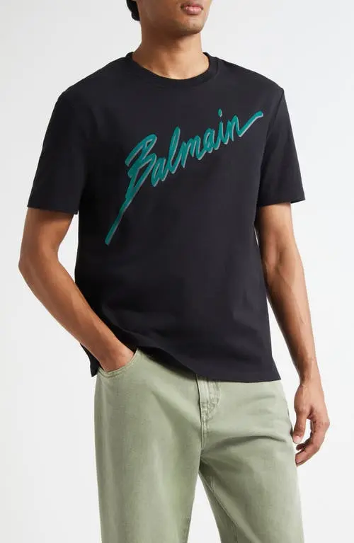 Balmain Letter Flocked Logo T-shirt - Eoj Black/ Emerald