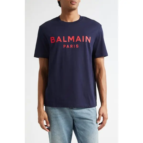 Balmain Regular Fit Logo Graphic T-shirt - Navy/ Red