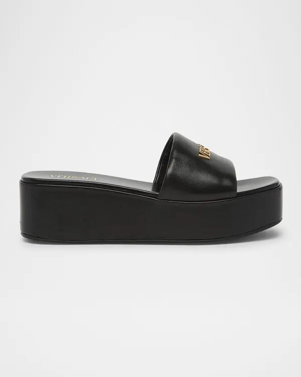 Versace Tag Platform Lambskin Leather Mules - 1b00v-black-versace Gold