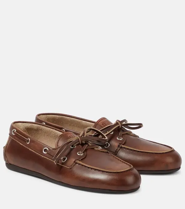 Miu Miu Leather Boat Shoes - Brown