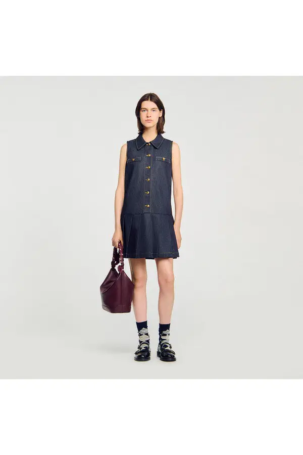 Sandro Mini Denim Shirt Dress - Blue