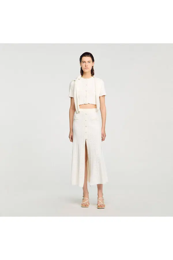 Sandro Pointelle Knit Midi Skirt - Neutral / White