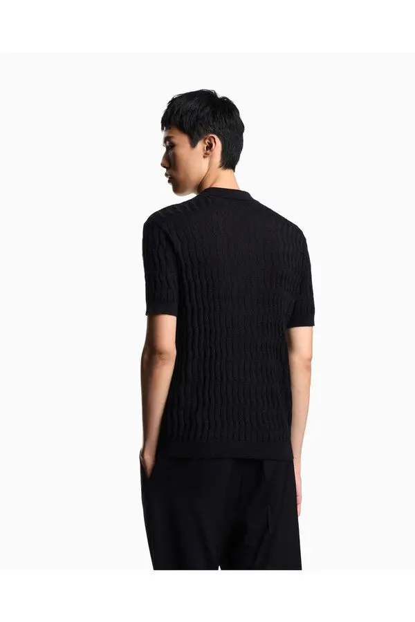 Emporio Armani Lyocell-blend Jumper With Embossed Pattern - Navy