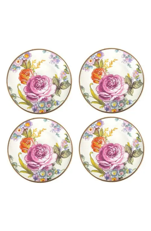 MACKENZIE-CHILDS Flower Market Set Of 4 Enameled Steel Appetizer Plates - White Multi