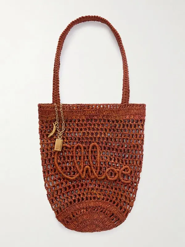 Chloé Embroidered Raffia Tote - Brown