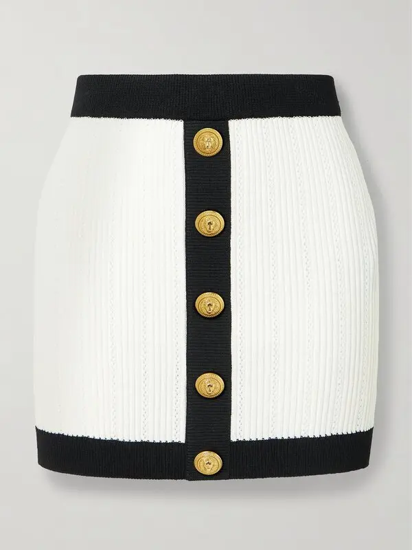 Balmain Button-embellished Ribbed-knit Mini Skirt