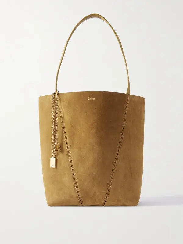 Chloé Spin Embellished Leather-trimmed Suede Tote - Brown