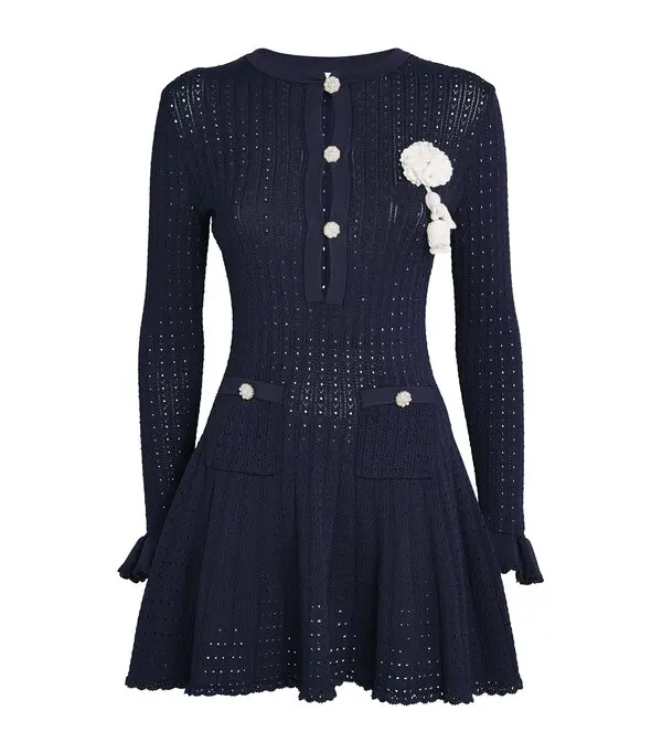 SELF-PORTRAIT Pointelle Knit Mini Dress - Blue