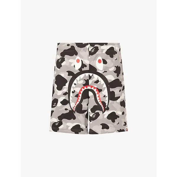 A BATHING APE Camo Shark Printed Cotton Sweat Shorts - Grey Camo