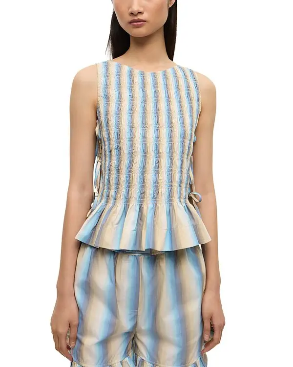 GANNI Striped Smocked Tie Top - Multicolour