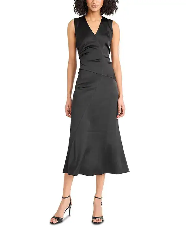 Luxely Satin Ruched Midi Dress In Meteorite - 40% Off | Editorialist