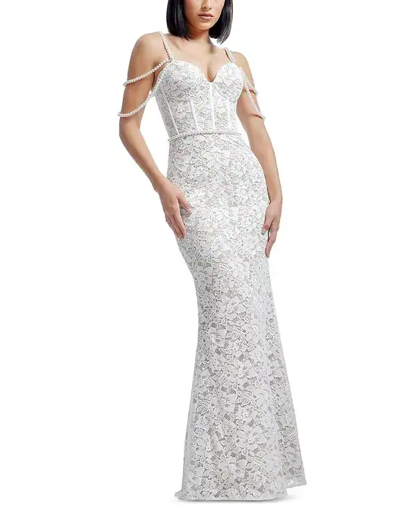 Dress The Population Antoinette Embellished Lace Gown - White-Nude |  Editorialist