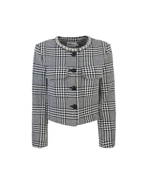 SELF-PORTRAIT Houndstooth Jacket With Crystal Trim - Black And White