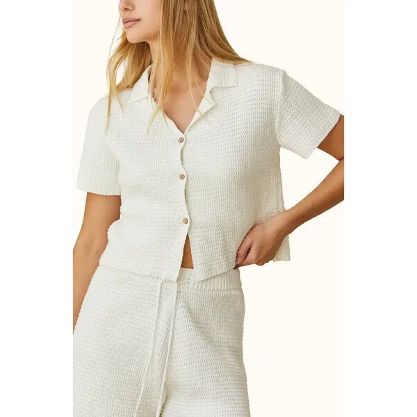CRESCENT Cotton Waffle Knit Button-up Top