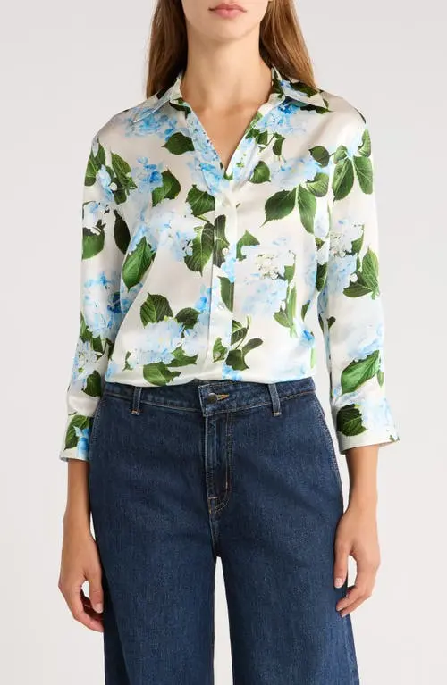 L'Agence Dani Floral Silk Button-up Shirt - Ivory/ Light Blue Hydrangea