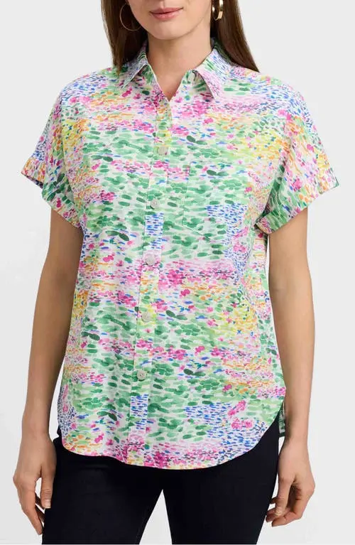 Foxcroft Abigail Short Sleeve Linen Blend Button-up Shirt - Green Multi
