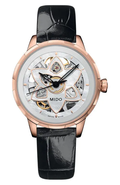 MIDO Rainflower Blossom Skeleton Automatic Leather Strap Watch