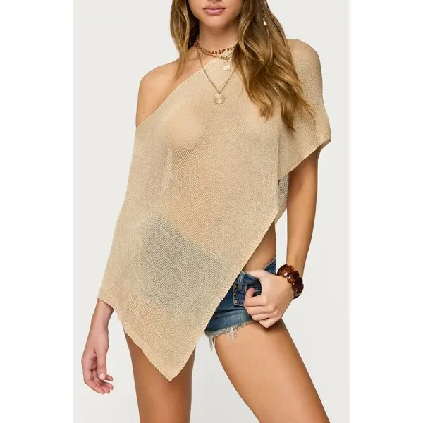 EDIKTED Azalia Asymmetric Open Knit Sweater - Beige