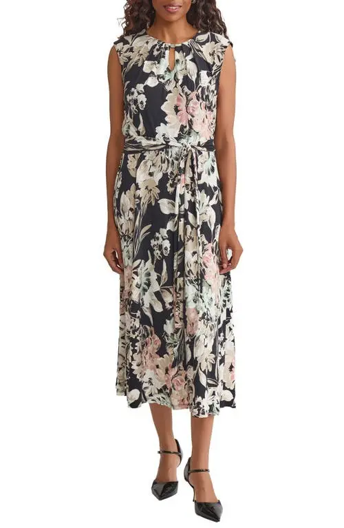 KASPER Printed Tie Waist Sleeveless Midi Dress