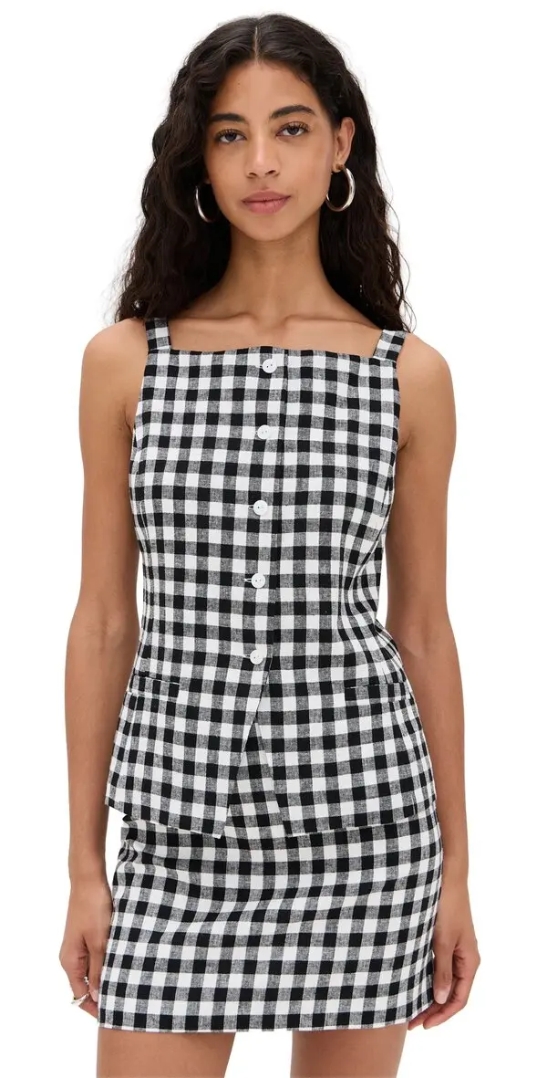 WAYF Gingham Linen Vest - Black Gingham
