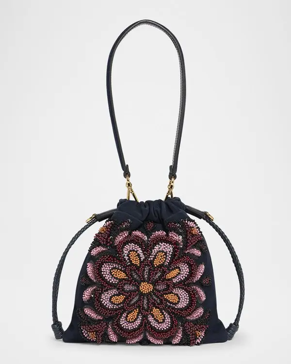 Etro Kalispera Beaded Flower Suede Shoulder Bag - Navy