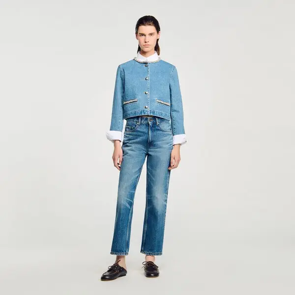 Sandro Rhinestone Embellished Denim Jacket - Blue Jean