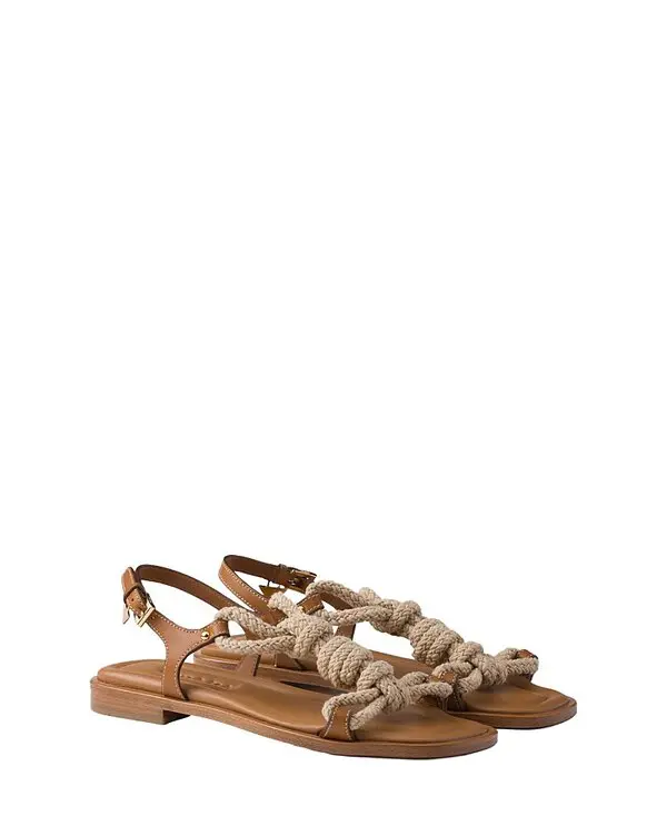 Prada Flat Leather And Cord Sandals - Brown
