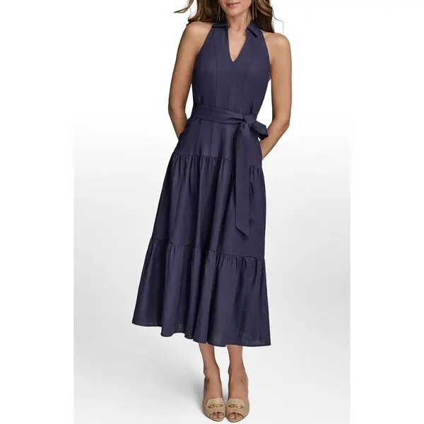 Donna Karan New York Linen-blend Halter Tiered A-line Dress