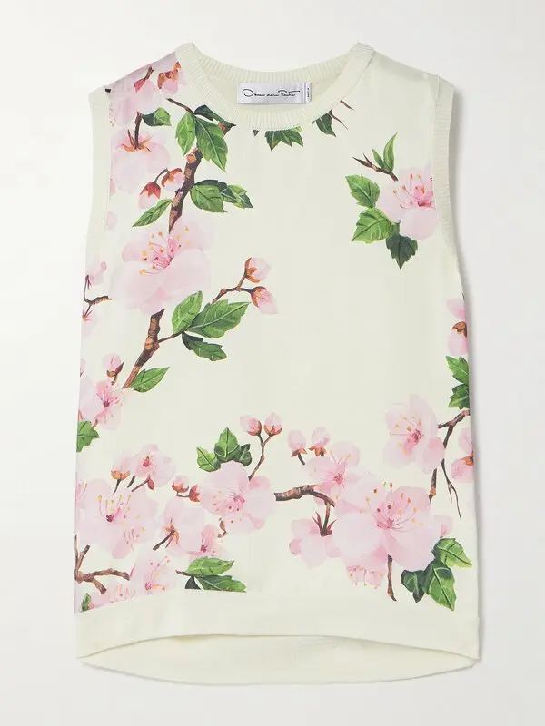 Oscar De La Renta Paneled Knitted And Floral-print Silk-blend Twill Tank - Ecru