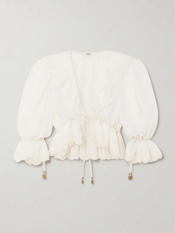 Chloé Cropped Ruffled Broderie Anglaise Cotton-voile Blouse - White