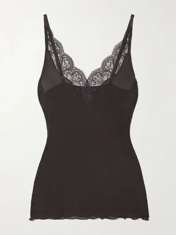 Saint Laurent Lace-trimmed Ribbed Tank - Brown