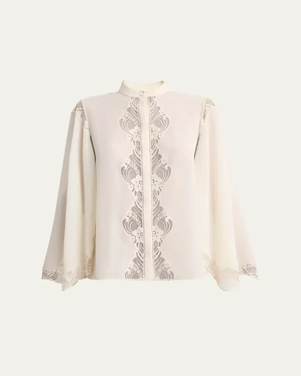 Chloé Lace Placket Tulip-sleeve Silk Blouse - Pristine White