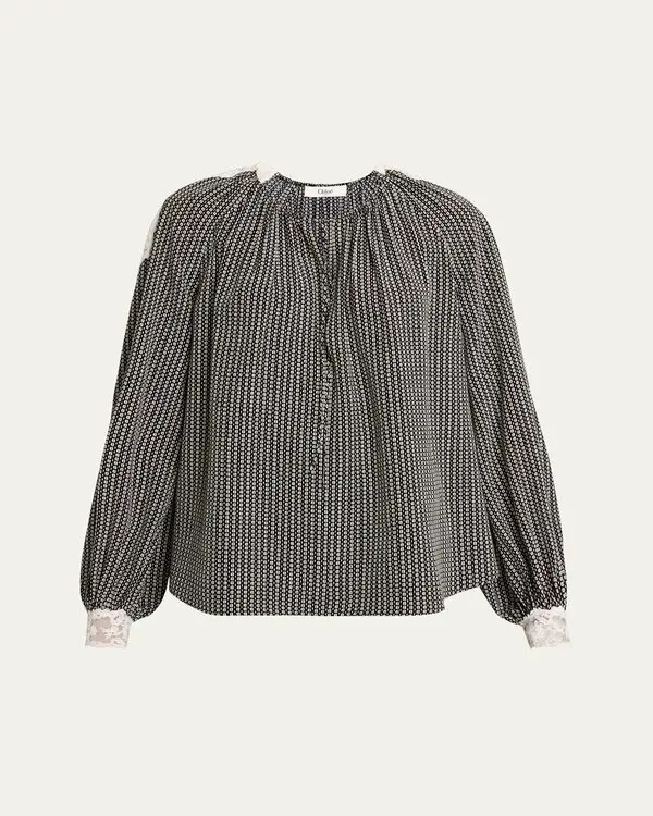 Chloé Micro Check Silk Blouse - Black - White 1