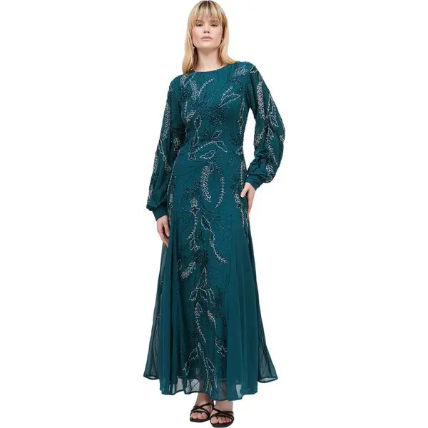 MARYISA Embellished Maxi Dress With Cuff Sleeves