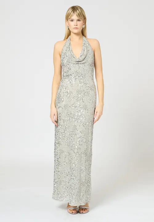 BEAUUT Sequin Beaded Maxi Dress With Cowl Neck