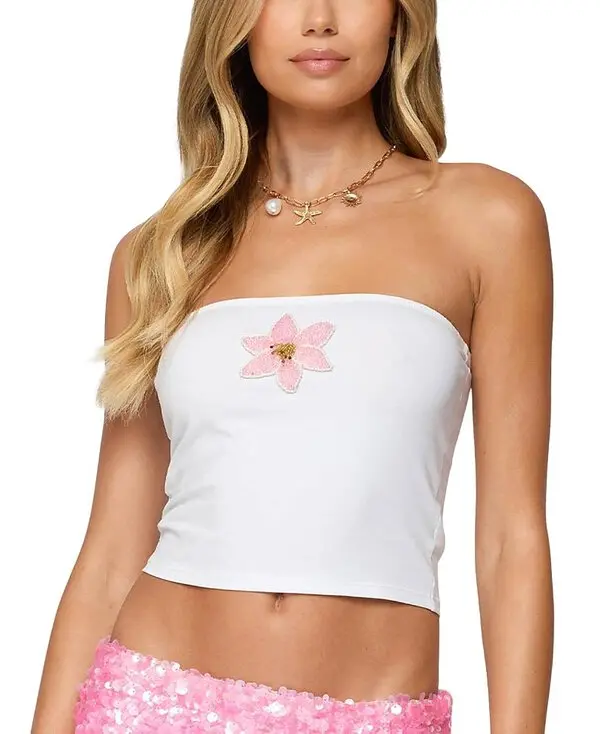 EDIKTED Luli Beaded Flower Tube Top - White