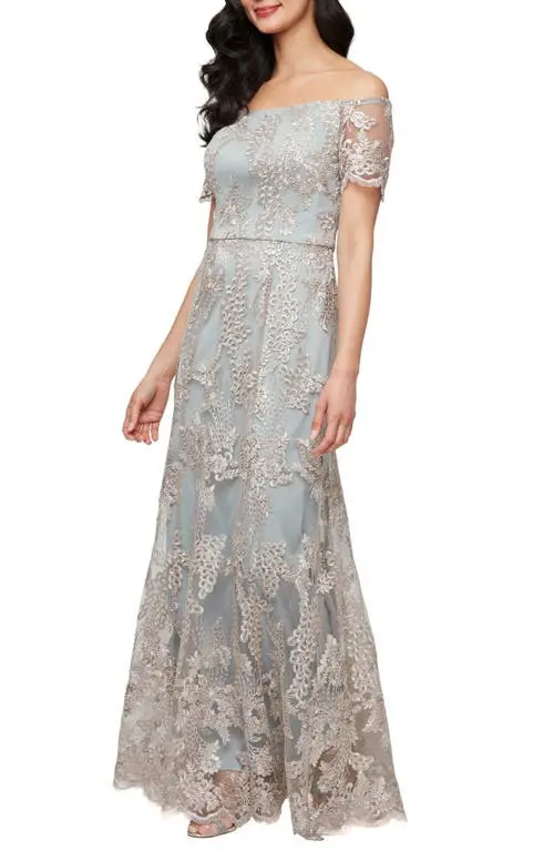 Alex Evenings Embroidered Off-the-shoulder Tulle Mermaid Gown