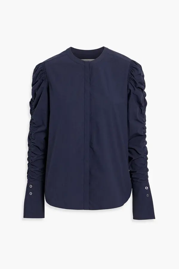 Another Tomorrow Shirred Cotton-poplin Blouse - Navy