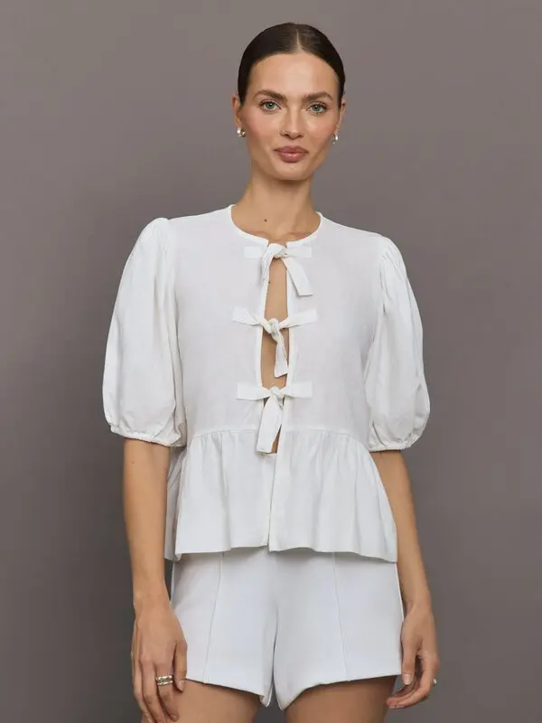 Carbon38 Linen Tie Puff Sleeve Top