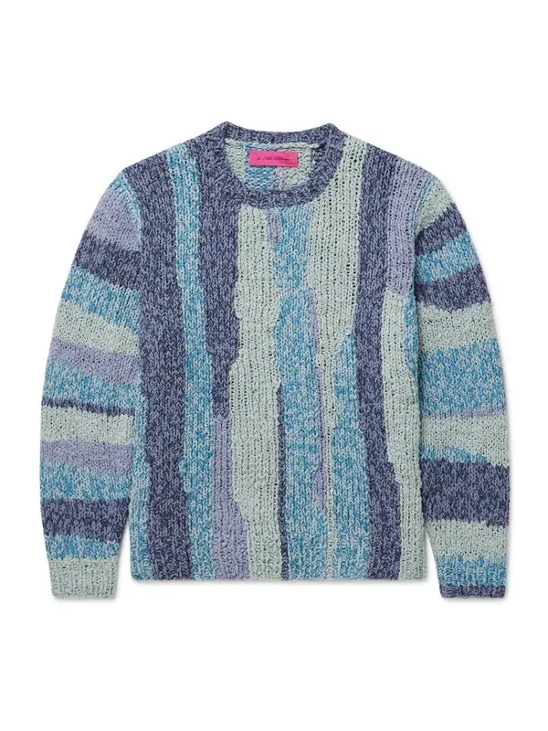 THE ELDER STATESMAN Striped Crocheted Organic Cotton Sweater - Blue